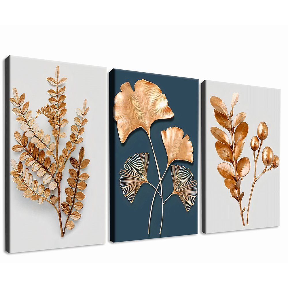 Quadros Decorativos 3 peças Arte Luxo mix folhas douradas