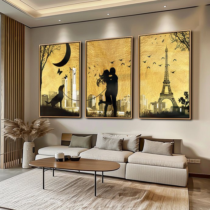 Quadros Decorativos 3 Peças Casal em Paris V1495 - Casa Linda Decorações