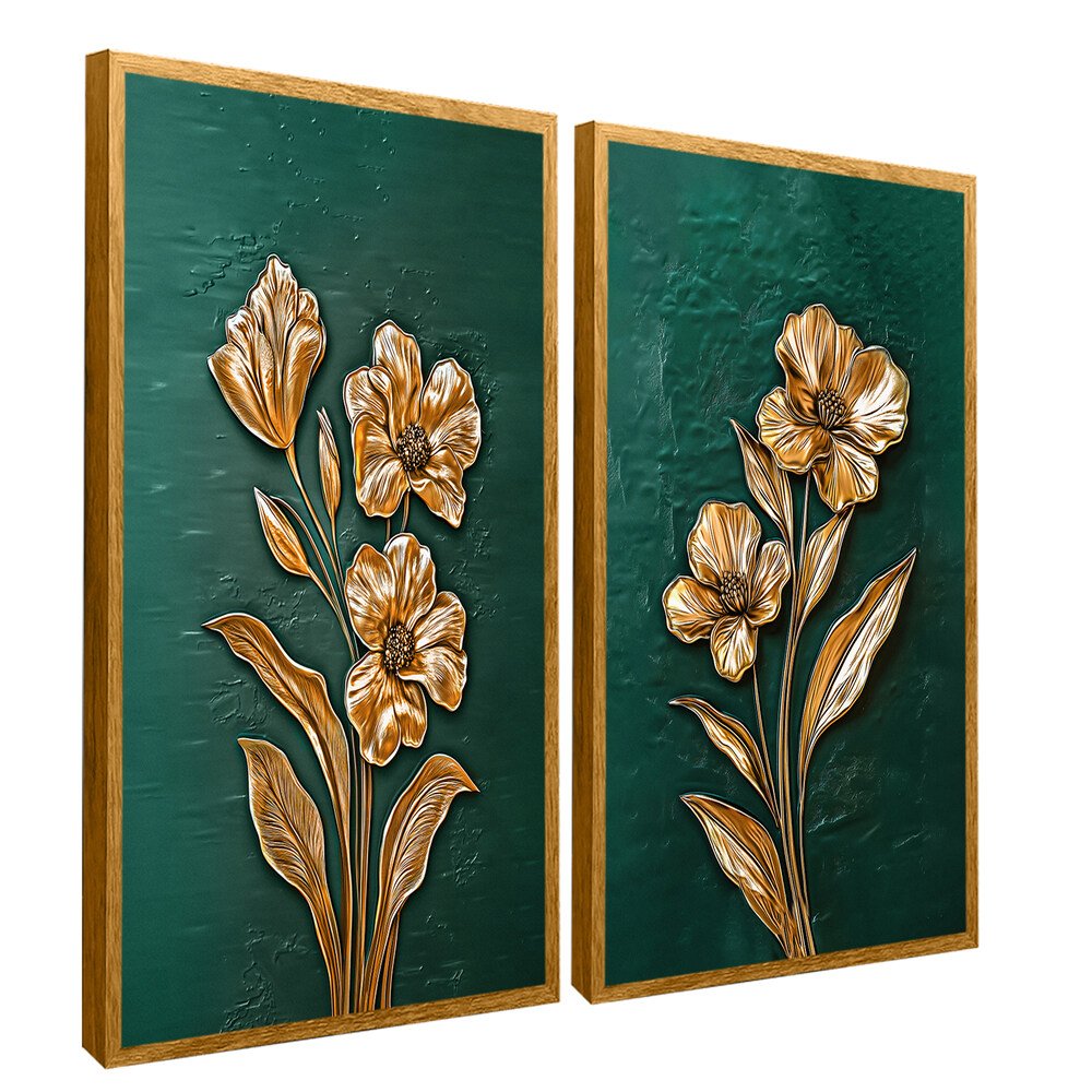 Quadros Decorativo Duo Floral Dourado em Pasto Verde V2090