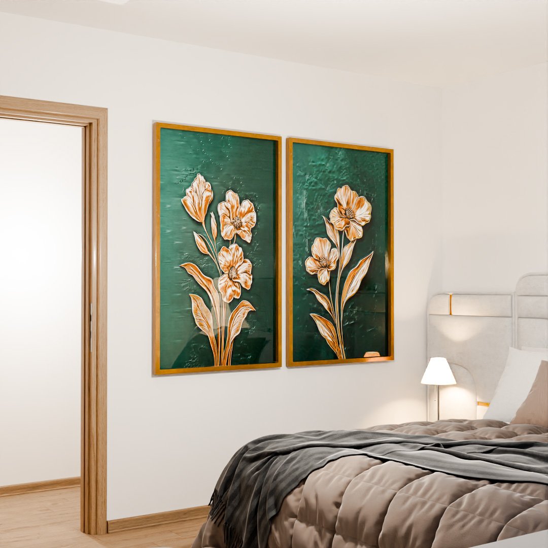Quadros Decorativo Duo Floral Dourado em Pasto Verde V2090