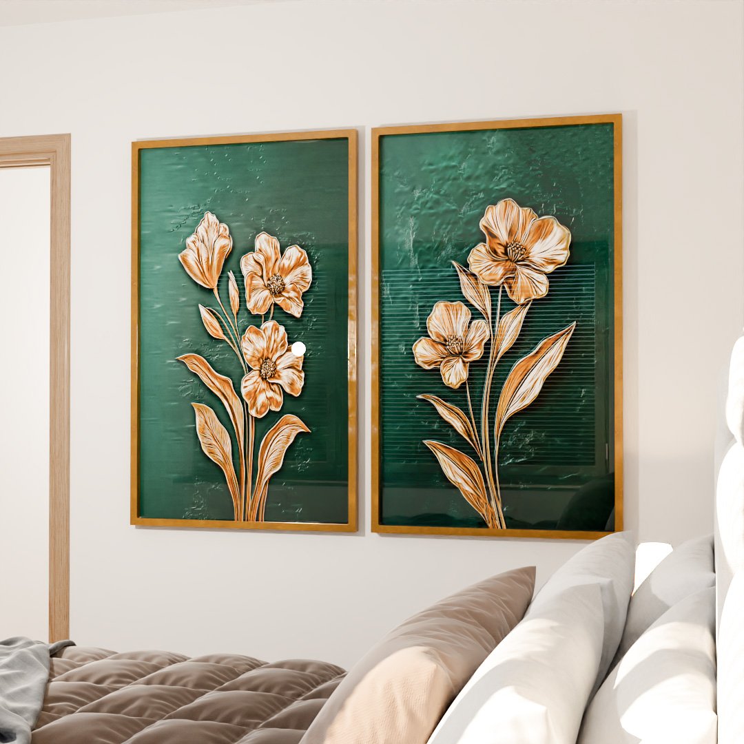 Quadros Decorativo Duo Floral Dourado em Pasto Verde V2090