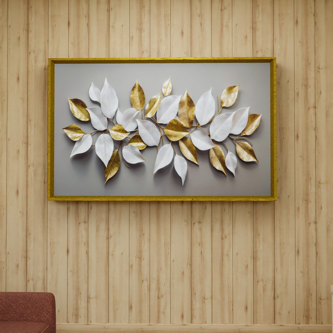 Quadro Moldura Côncava Folhas Brancas e Douradas