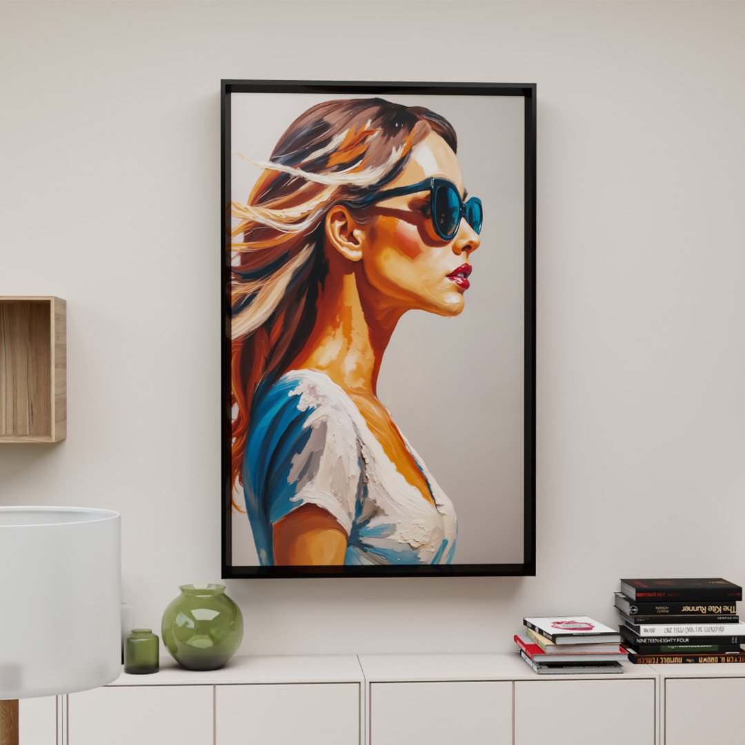 Quadro Moldura Côncava Pintura Mulher de Óculos Escuro