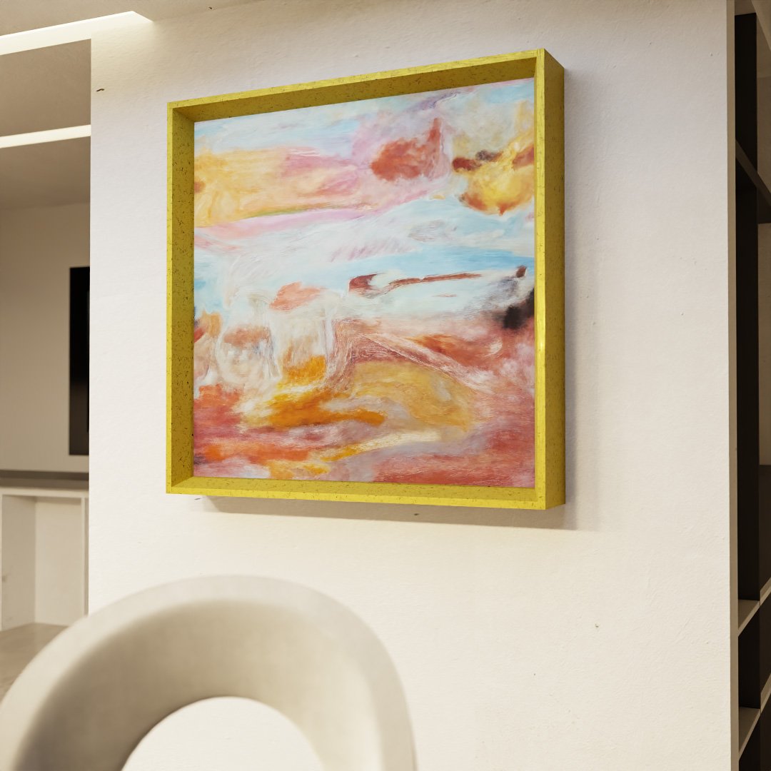 Quadro Quadrado Moldura Côncava Pintura Óleo em Tons Pasteis V2723